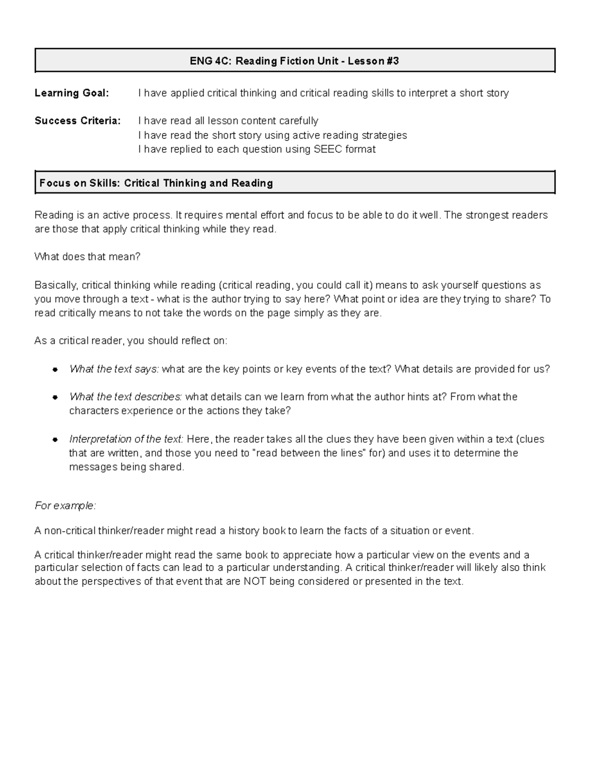 ENG 4C: Fiction Unit Lesson 3 - Critical Reading & Analysis Skills ...