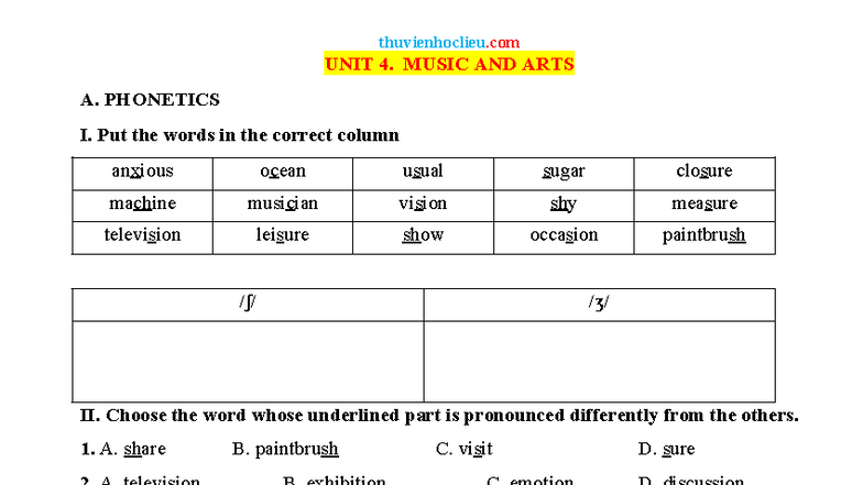 UNIT 4: MUSIC AND ARTS - PHONETICS & VOCABULARY EXERCISES - Studocu