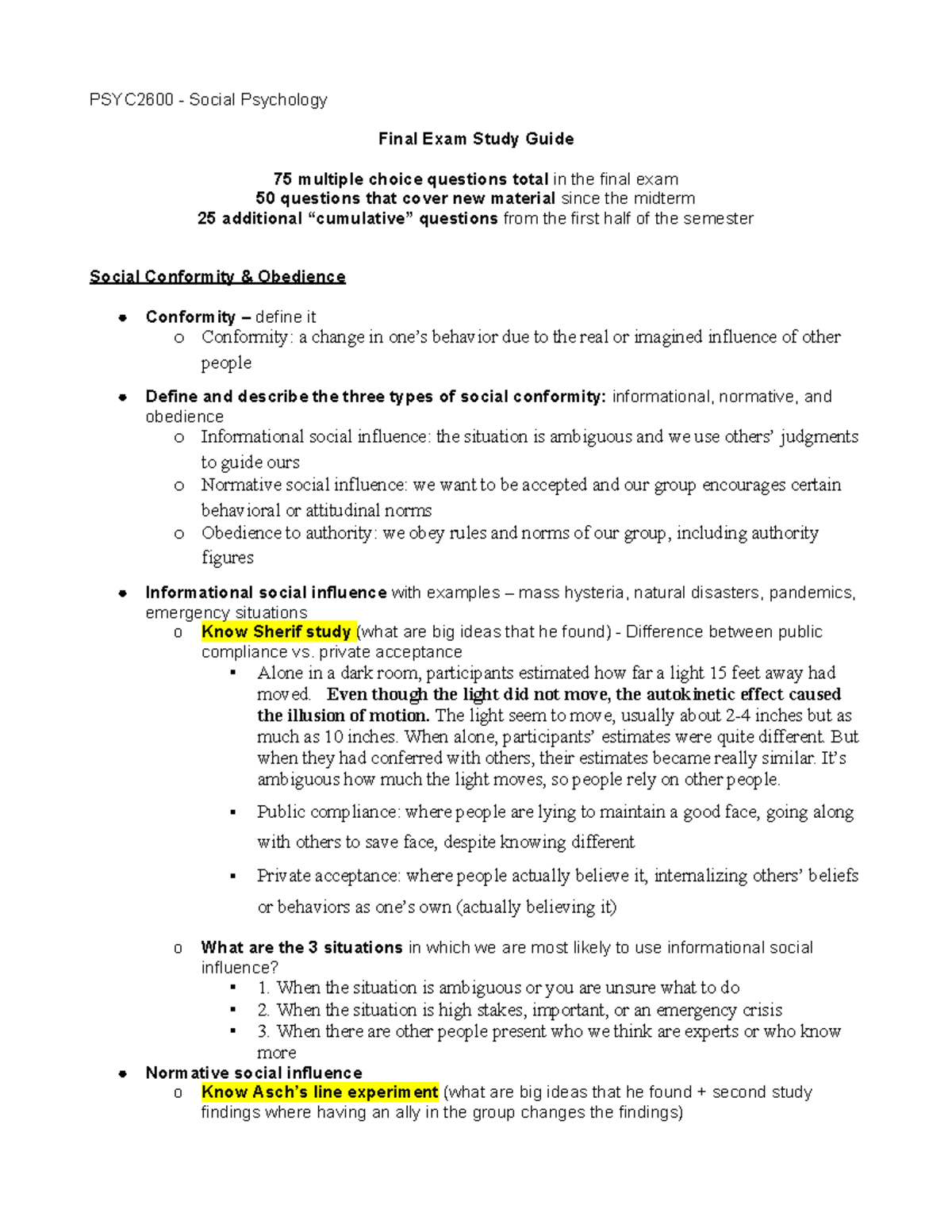 PSYC2600 Final Exam Study Guide - PSYC2600 - Social Psychology Final ...