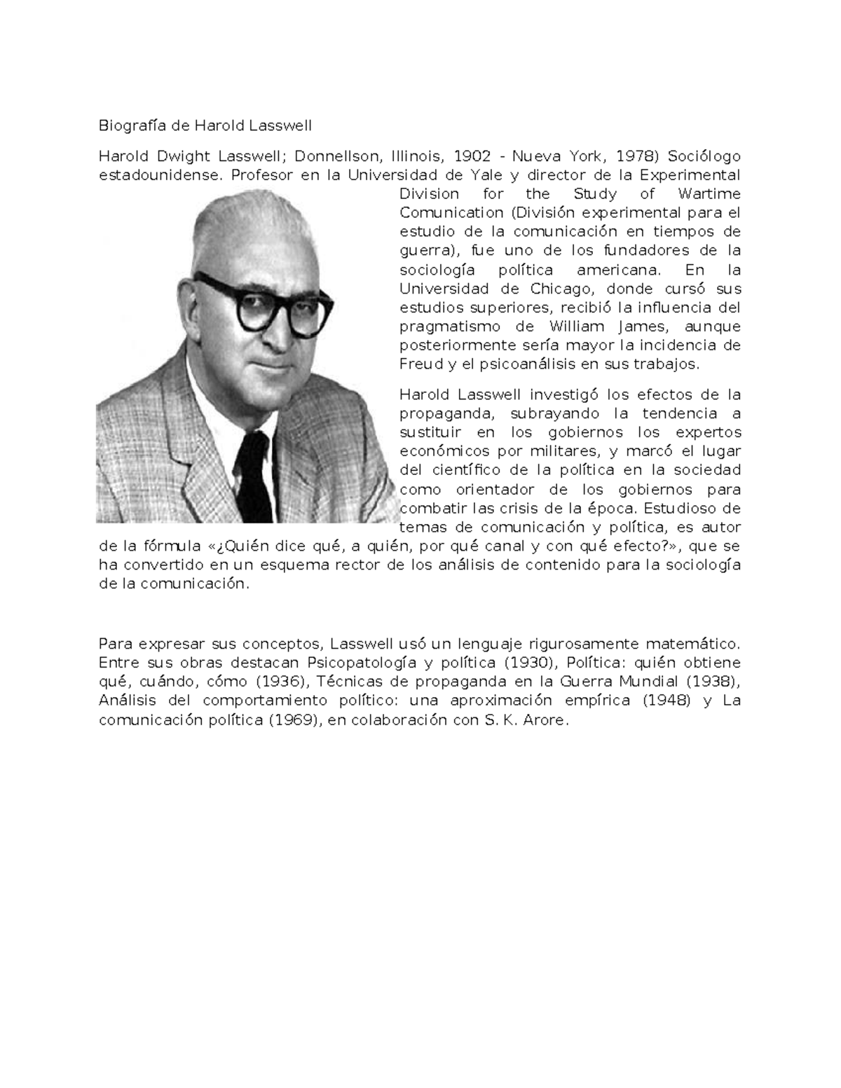 Biografía de Harold Lasswell: Pionero en Sociología Política - Studocu