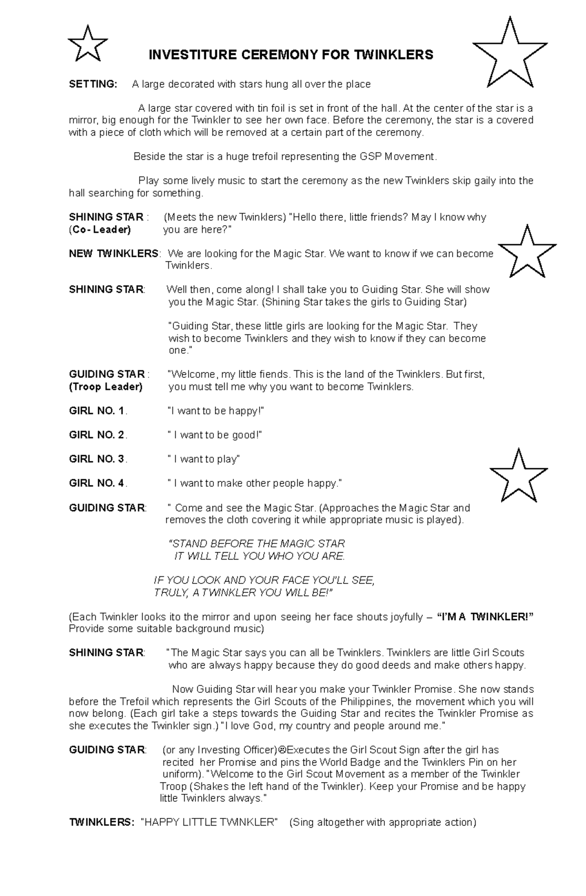 Twinkler-Investiture - INVESTITURE CEREMONY FOR TWINKLERS SETTING: A ...