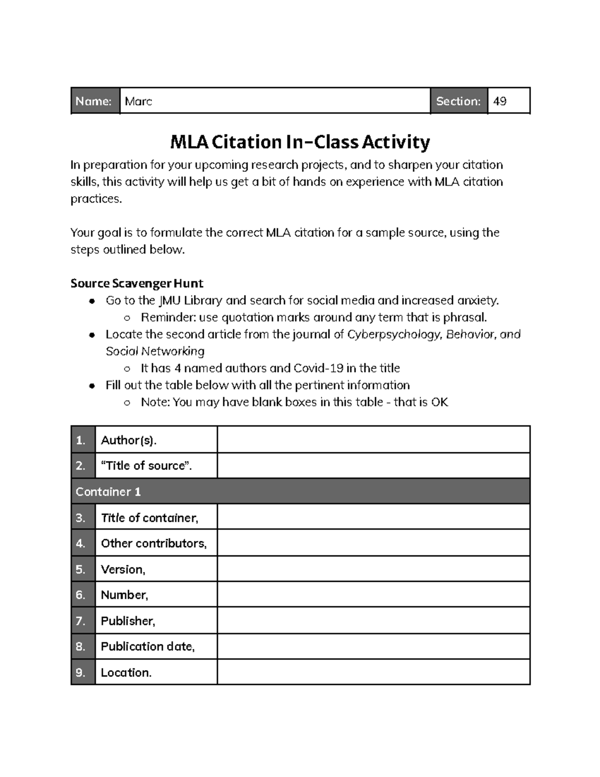 MLA Citation Activity for Research Projects (Section 49) - Studocu
