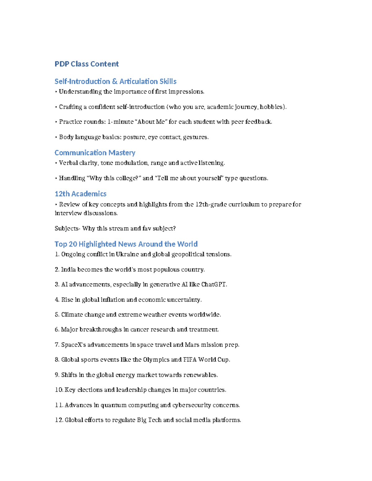 PDP Class Content: Articulation Skills & Global Highlights - Studocu