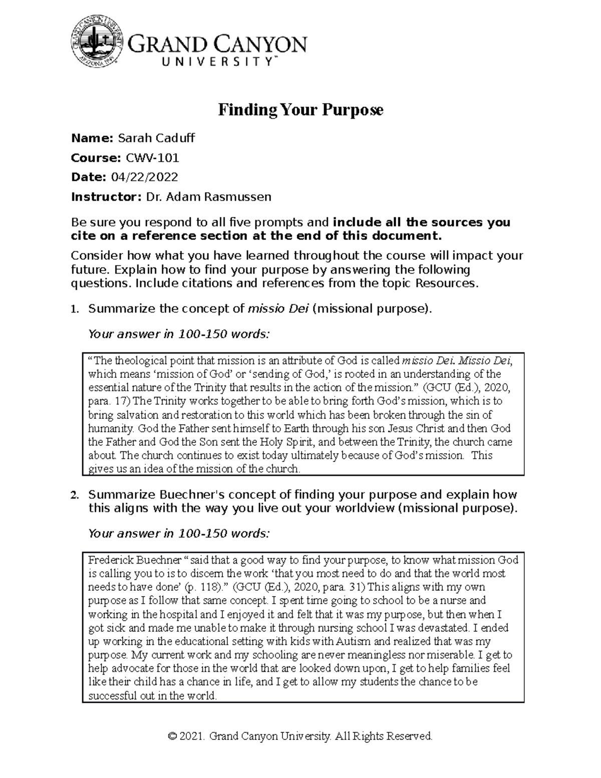 Finding Your Purpose SC - Finding Your Purpose Name: Sarah Caduff ...