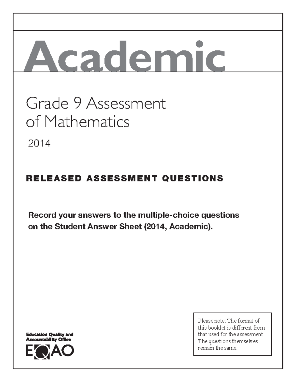 2014 EQAO Grade 9 Math Practice Test and Assessment Guide - Studocu