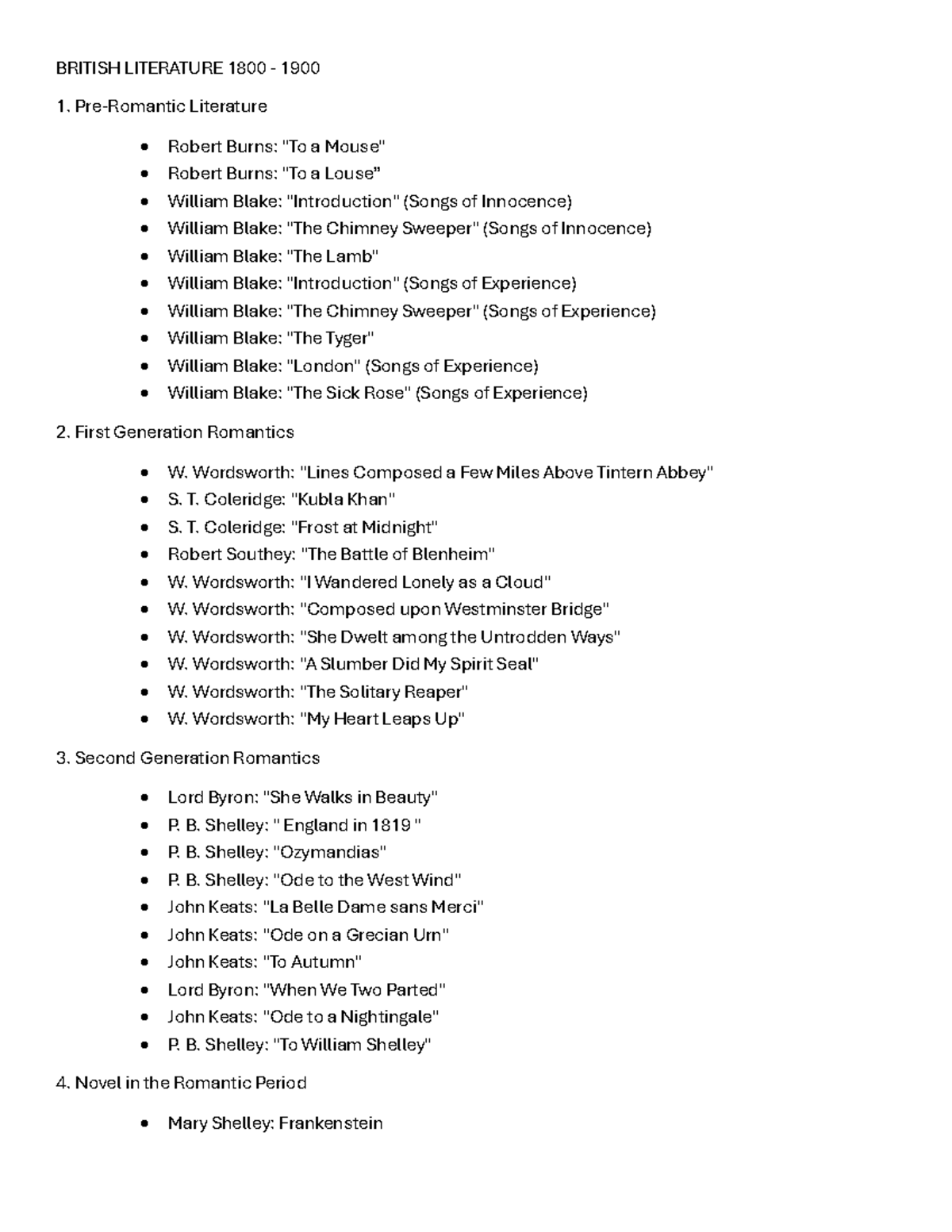 BRL1 Reading List: Key Works in British Literature (1800-1900) - Studocu