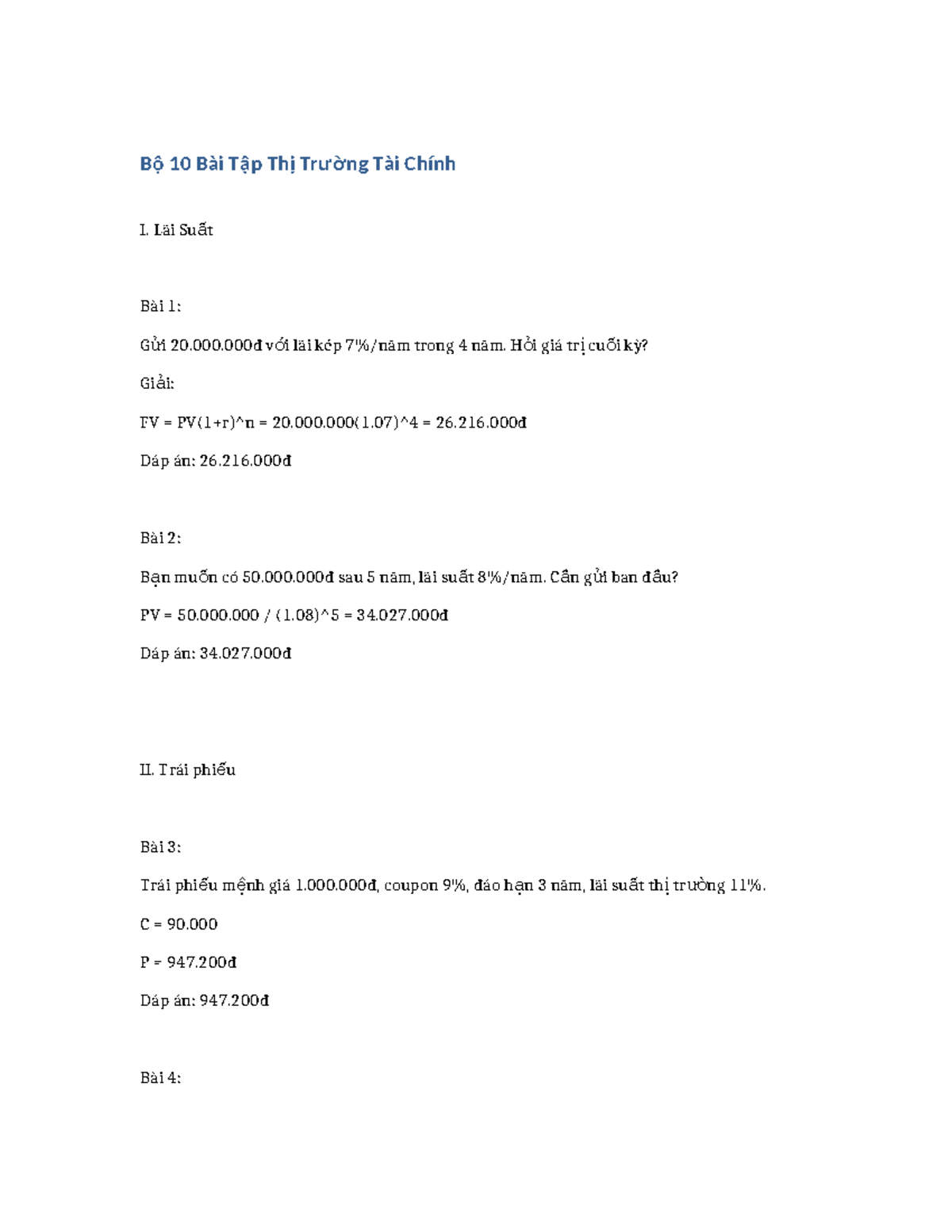 Bài Tập Thị Trường Tài Chính I: 10 Bài Tập Về Lãi Suất và Trái Phiếu ...
