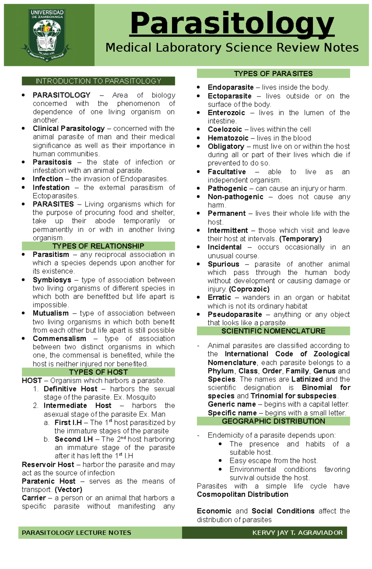Parasitology Trans- Lecture Notes (MED 101) - Studocu