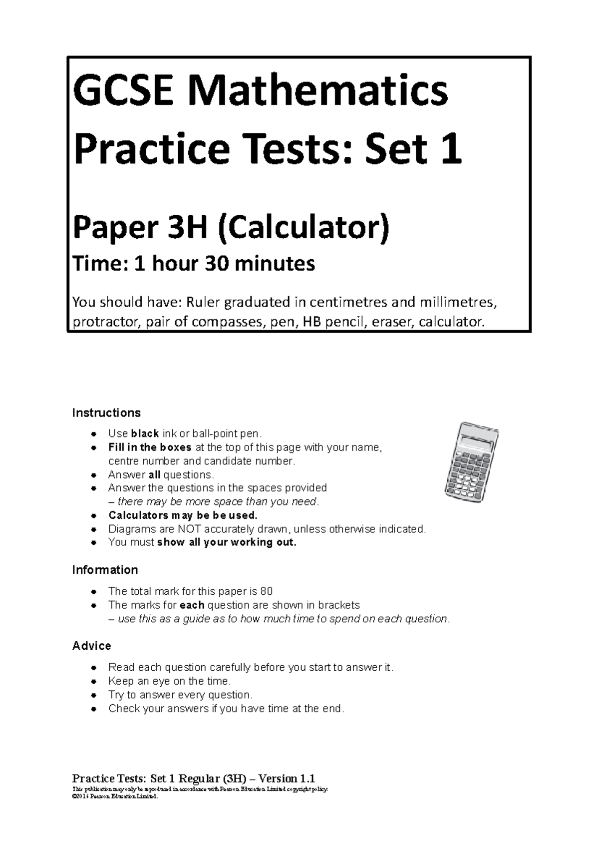 GCSE Maths Practice Test: Set 1 Paper 3H (Calculator) - Studocu