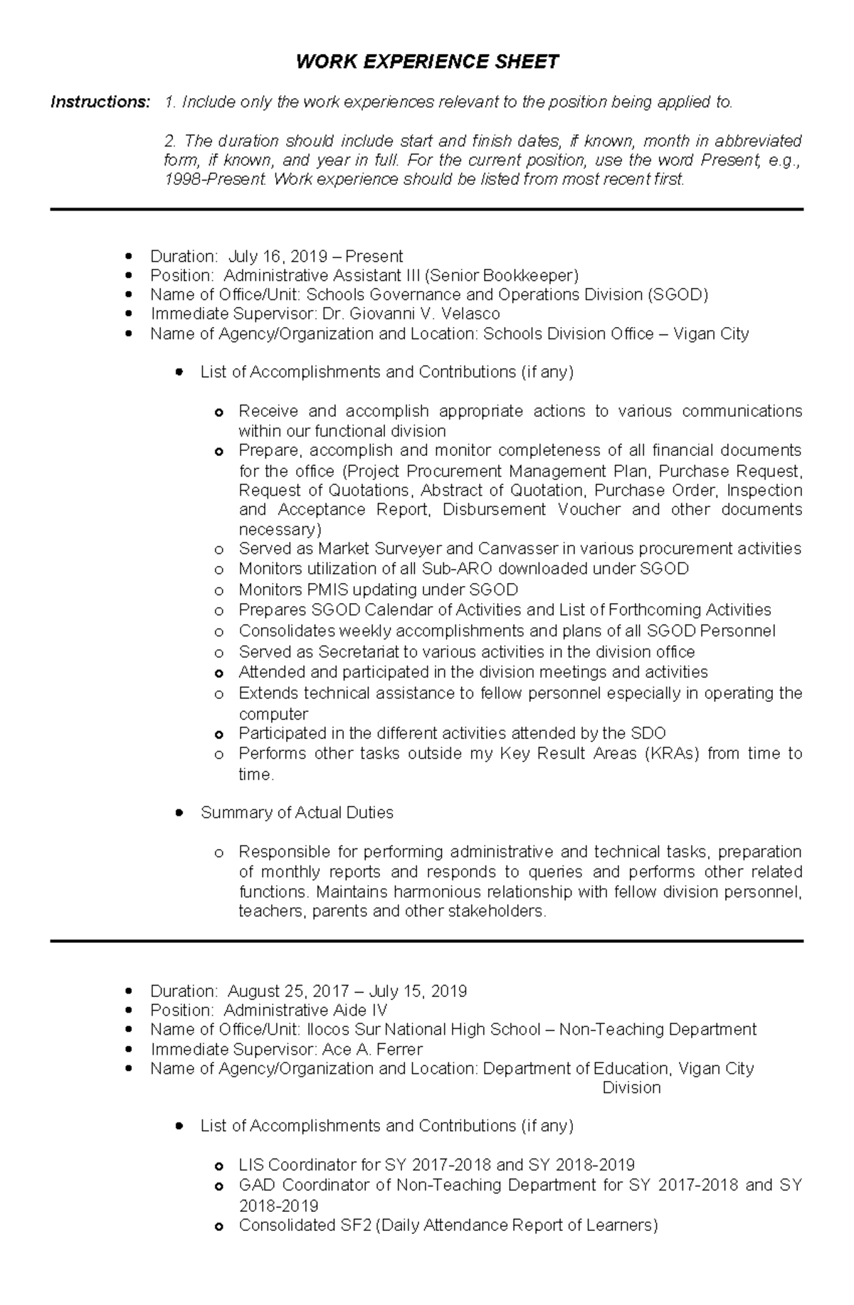 Work Experience Sheet for Administrative Positions (Ed 101) - Studocu