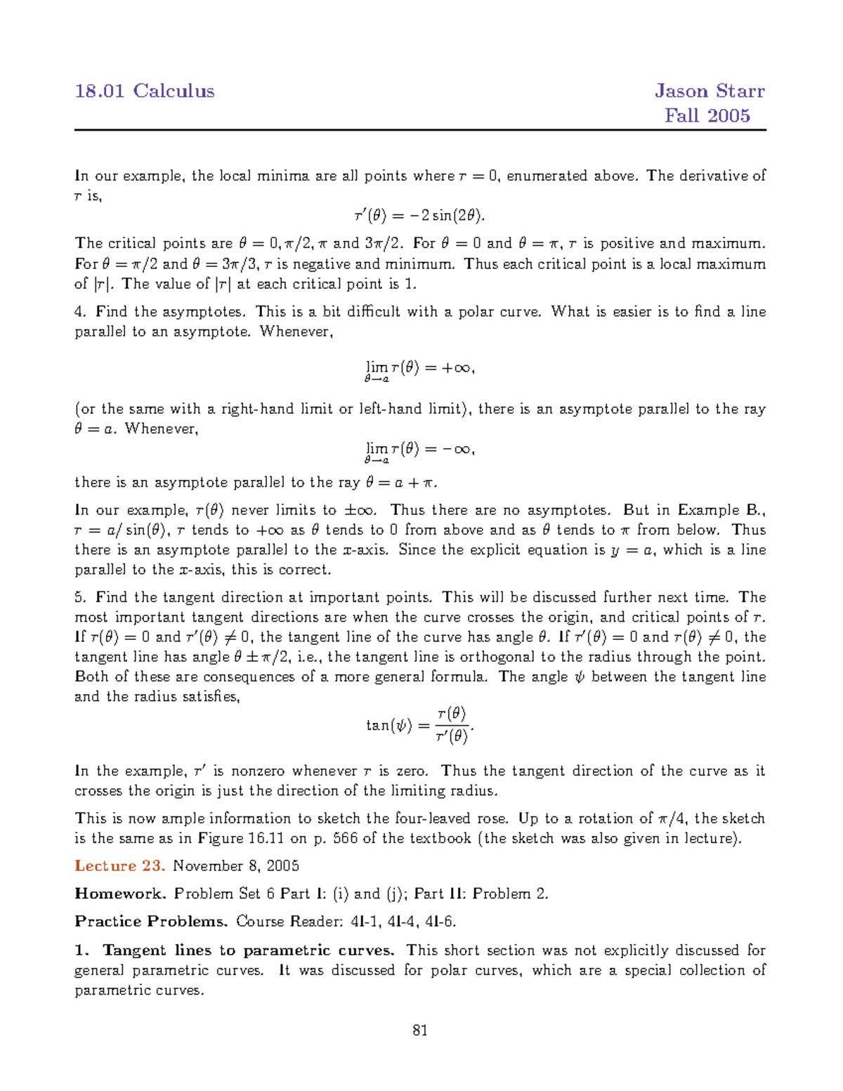 18.01 Calculus Lecture Notes: Local Minima & Asymptotes - Studocu