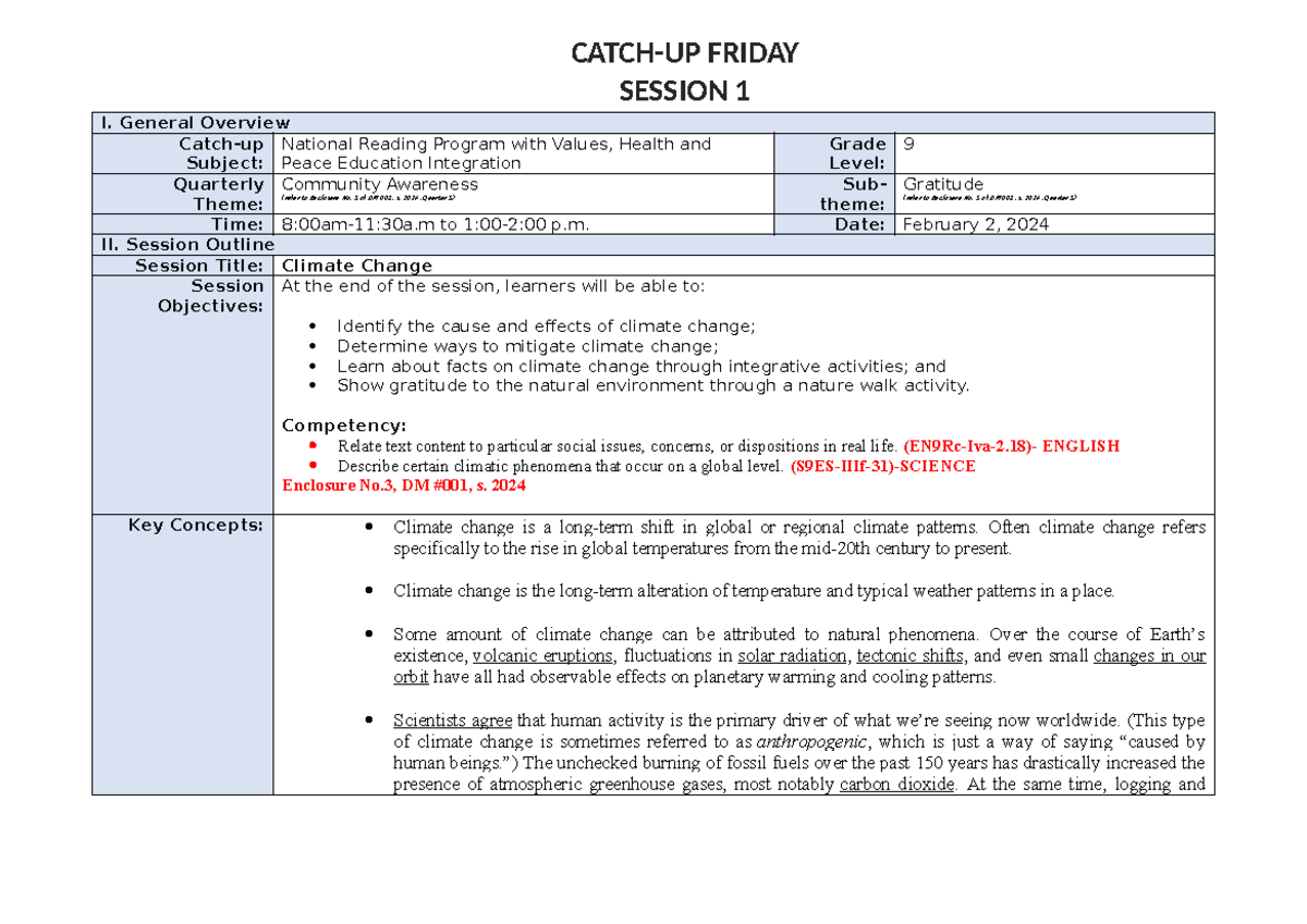 Grade 9 Session 1 Catch Up: Climate Change Awareness Activities - Studocu