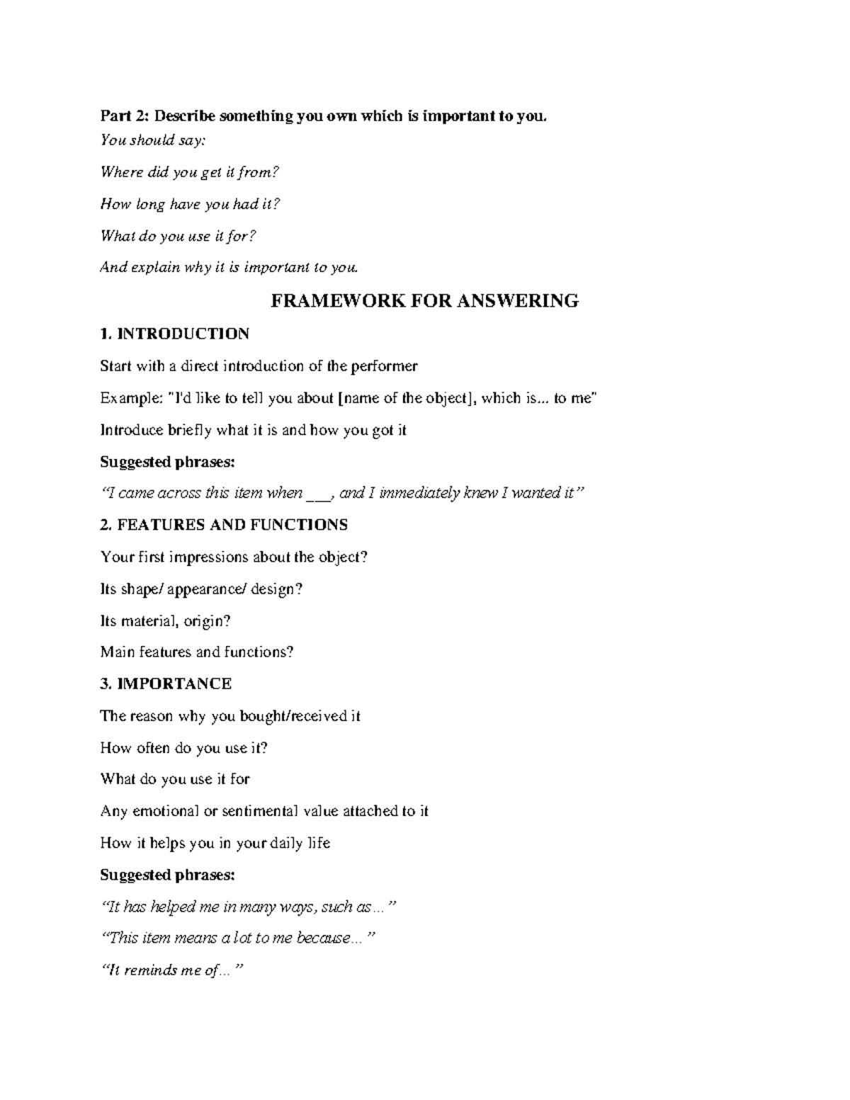 Important Personal Item Description: Significance and Usage - Studocu