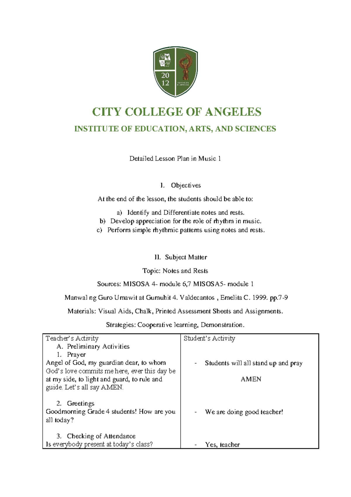 Detailed Lesson Plan for Music 1 (MUSIC101) on Notes and Rests - Studocu