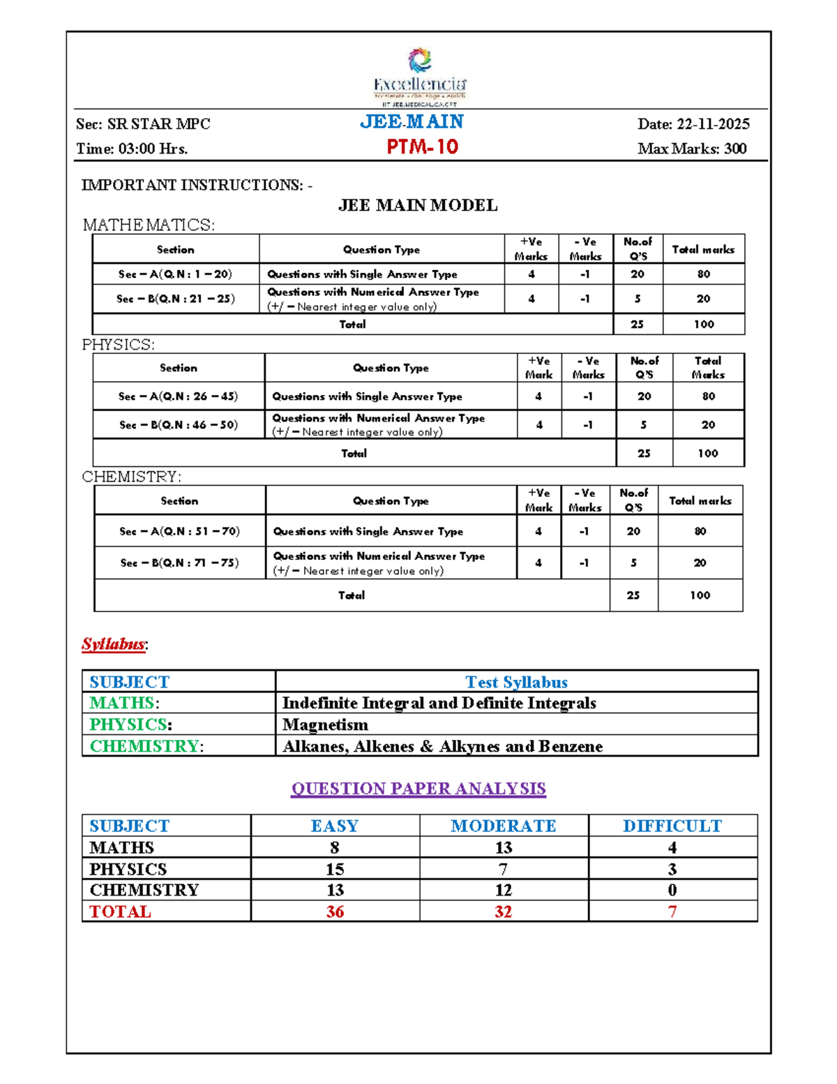 SR STAR MPC JEE Mains PTM-10 Question Paper Key & Solutions - Studocu