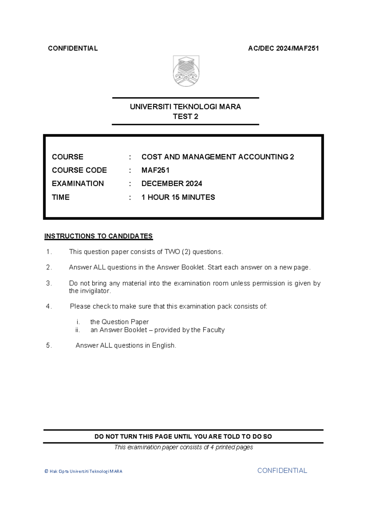 MAF251 Test 2 Dec 2024 - Cost & Management Accounting Exam - Studocu