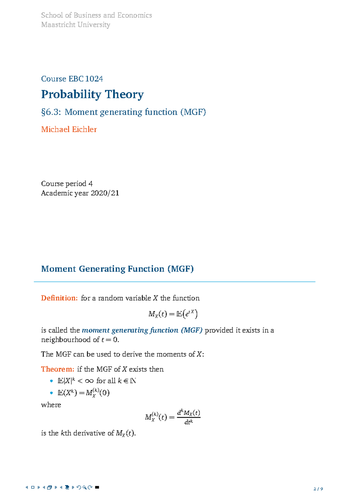 EBC 1024 Probability Theory: Moment Generating Function (MGF) Notes ...