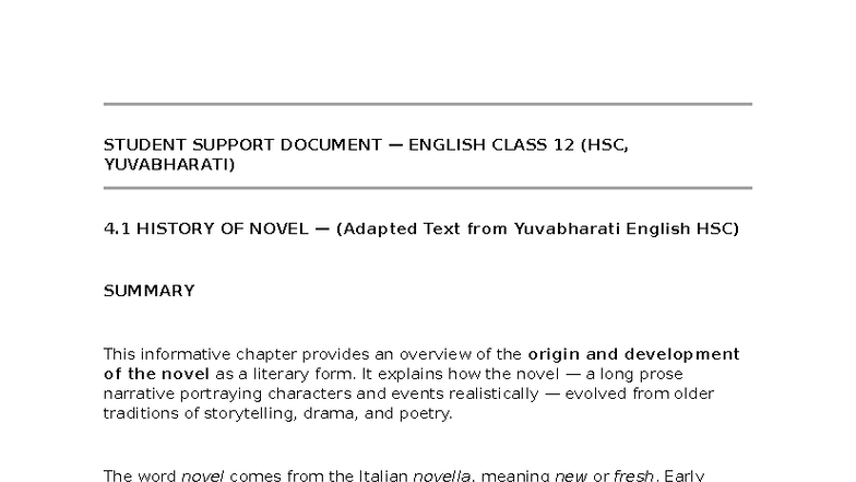 HSC English Class 12: History of the Novel Summary - Studocu