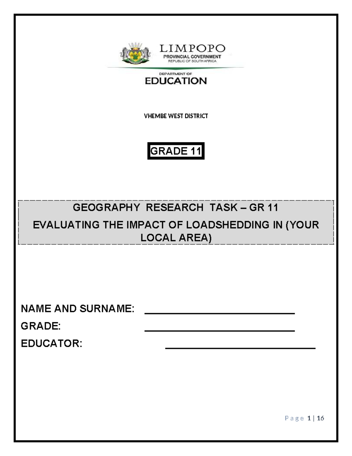 GR 11 GEO Research Task: Analyzing Loadshedding Effects 2025 - Studocu
