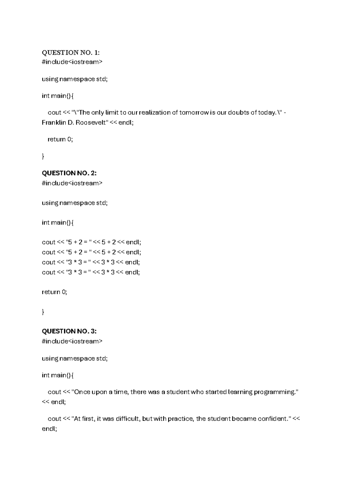 C++ PF LAB Assignment: Basic Code Examples and Exercises - Studocu