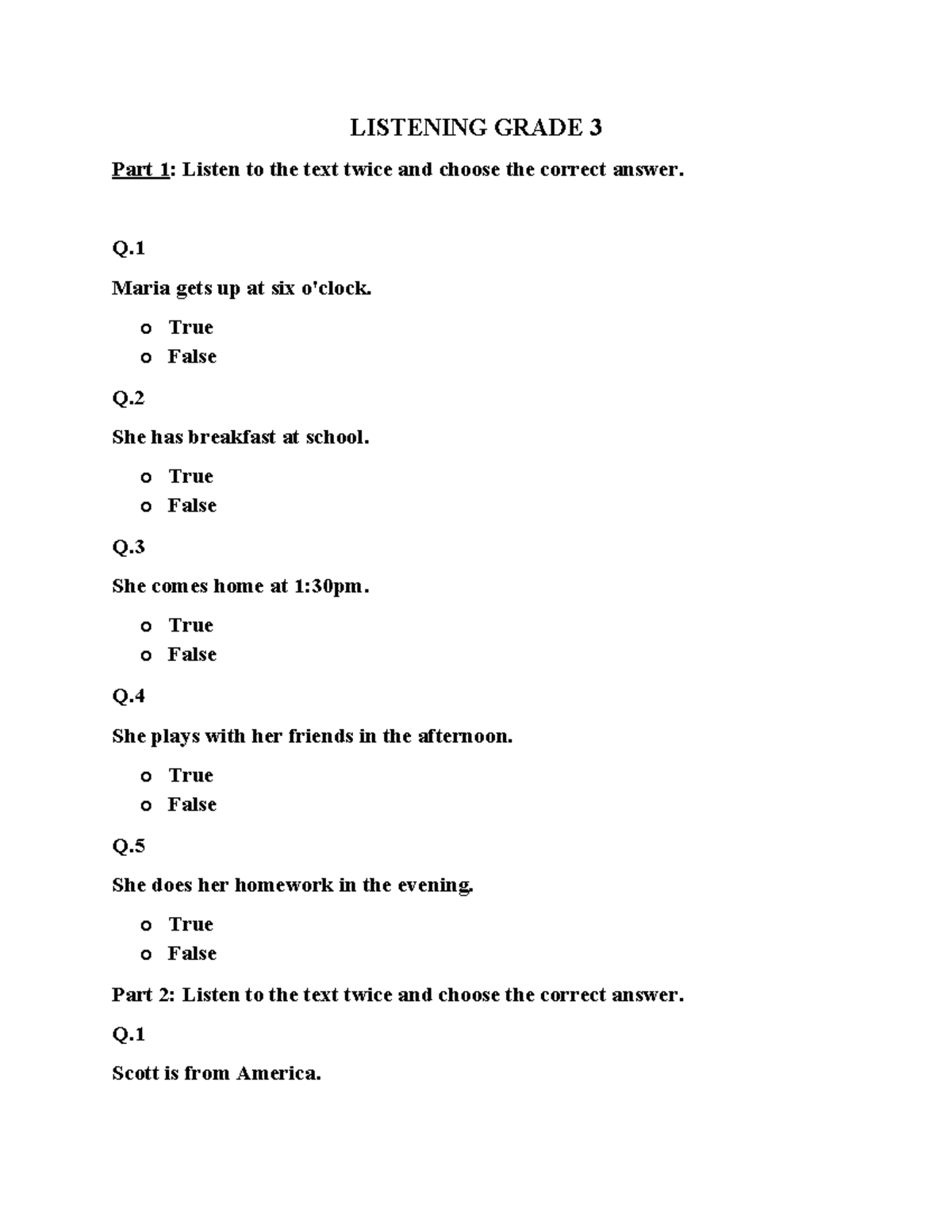 Listening Grade 3: Comprehension Questions & Answers - Studocu