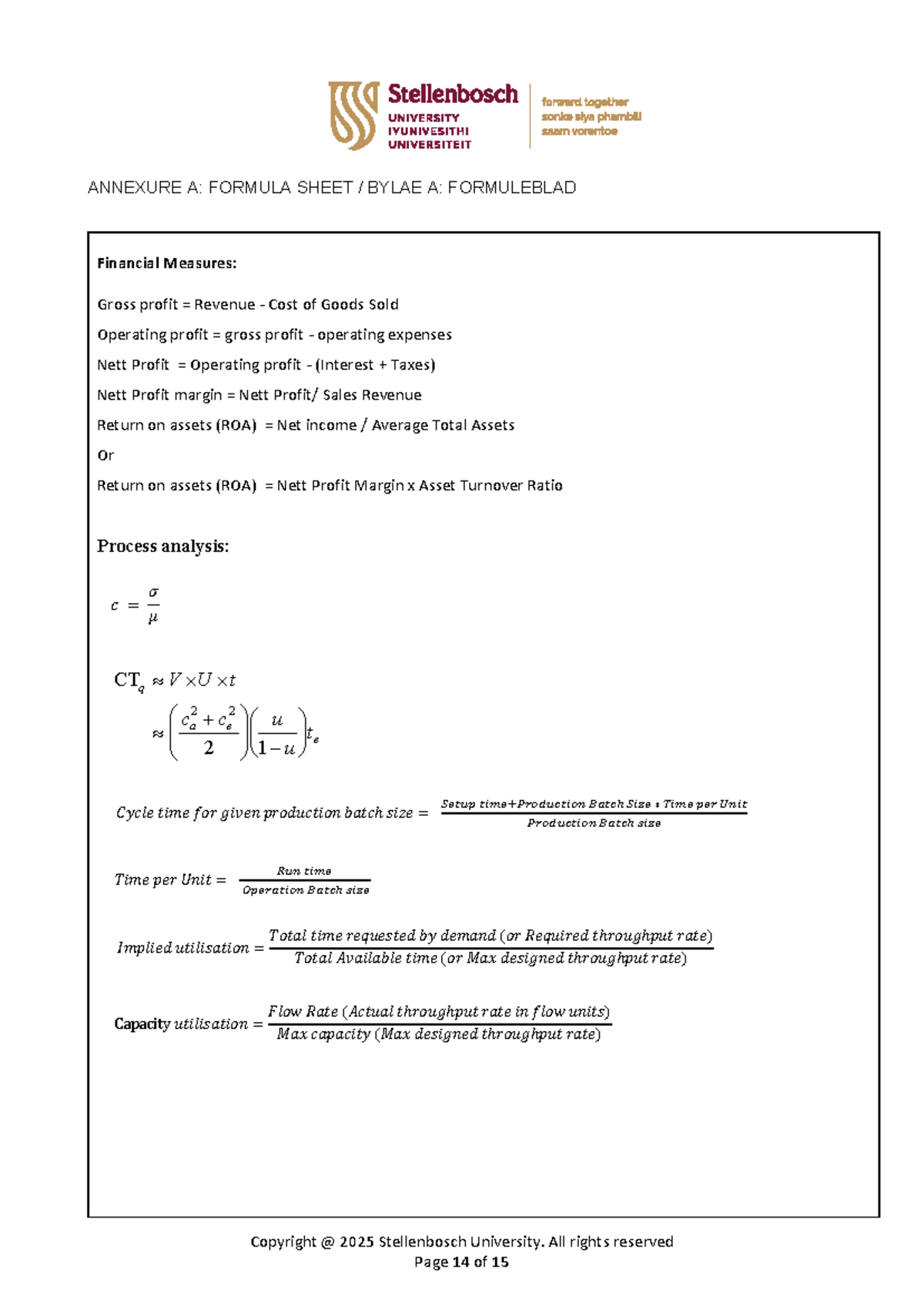 A2 Formula Sheet: Key Financial Measures and Process Analysis - Studocu