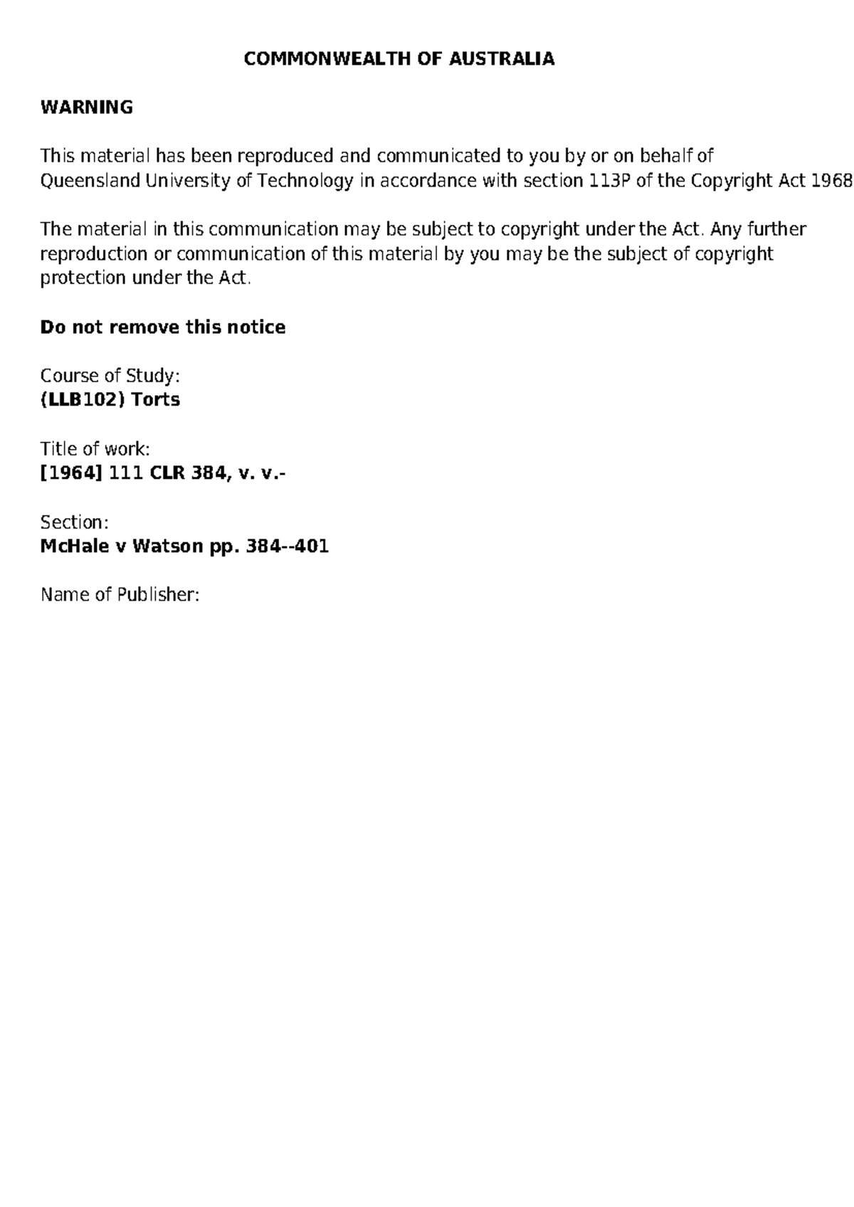 LLB102 Torts Case Study: McHale v Watson Analysis - Studocu