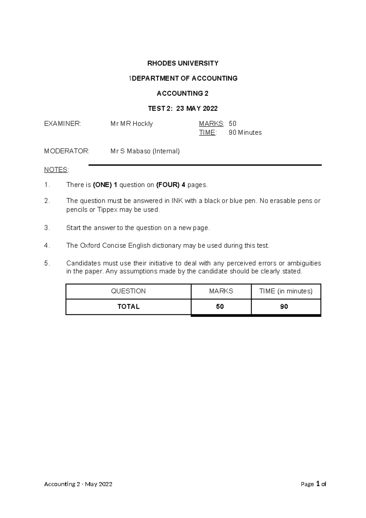 Acc 2 Test 2 May 2022 - Past Exam Paper with Questions and Notes - Studocu