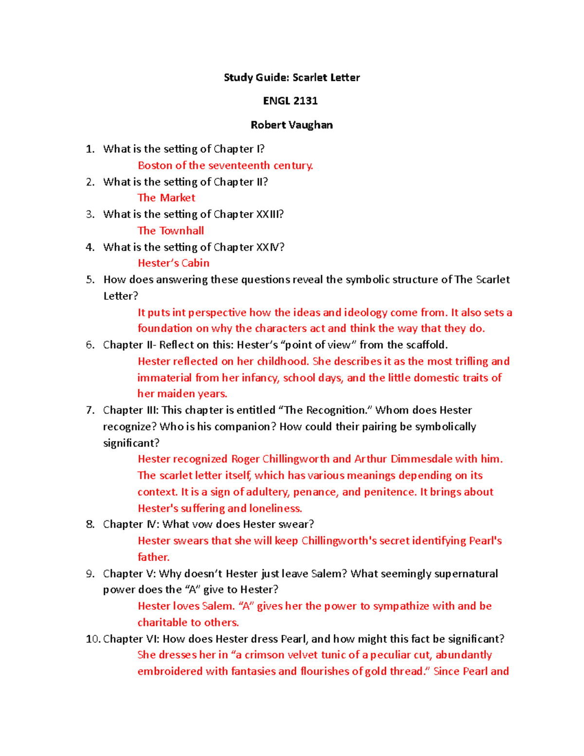 Scarlet Letter Study Guide - Study Guide: Scarlet Letter ENGL 2131 ...