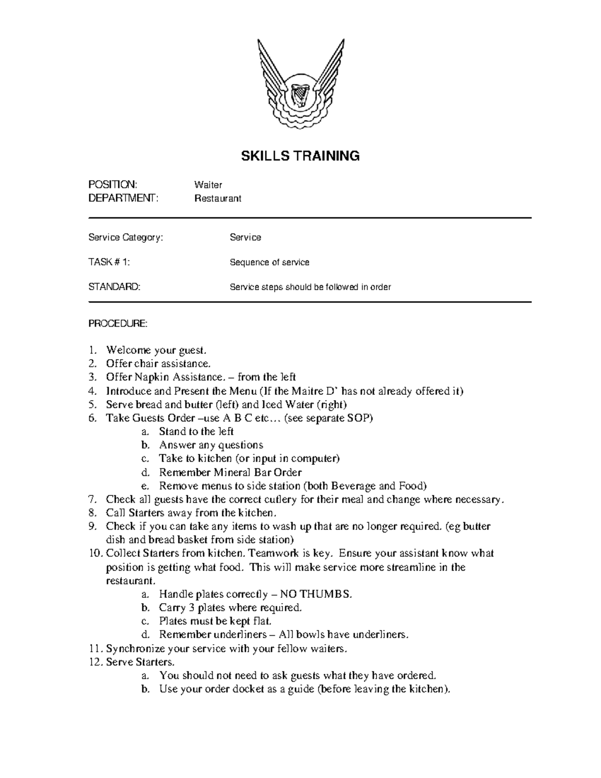 SOP for Waiters: Sequence of Service Training Guidelines - Studocu