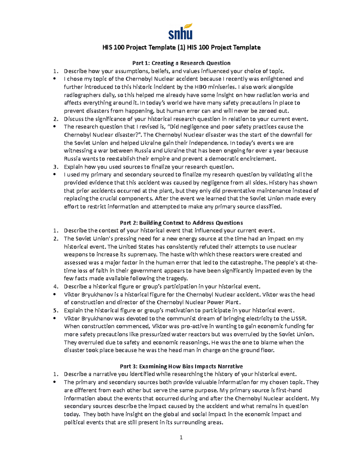 HIS-100 7-1 Project Chernobyl Disaster - HIS 100 Project Template (1 ...