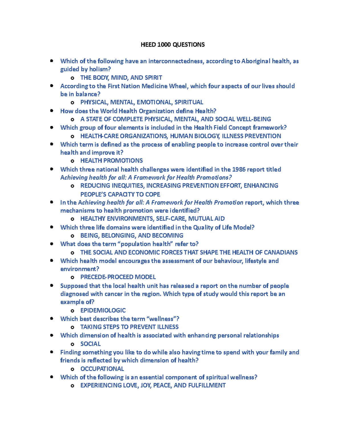 HEED 1000 Questions - Midterm 1 study guide - HEED 1000 QUESTIONS Which ...