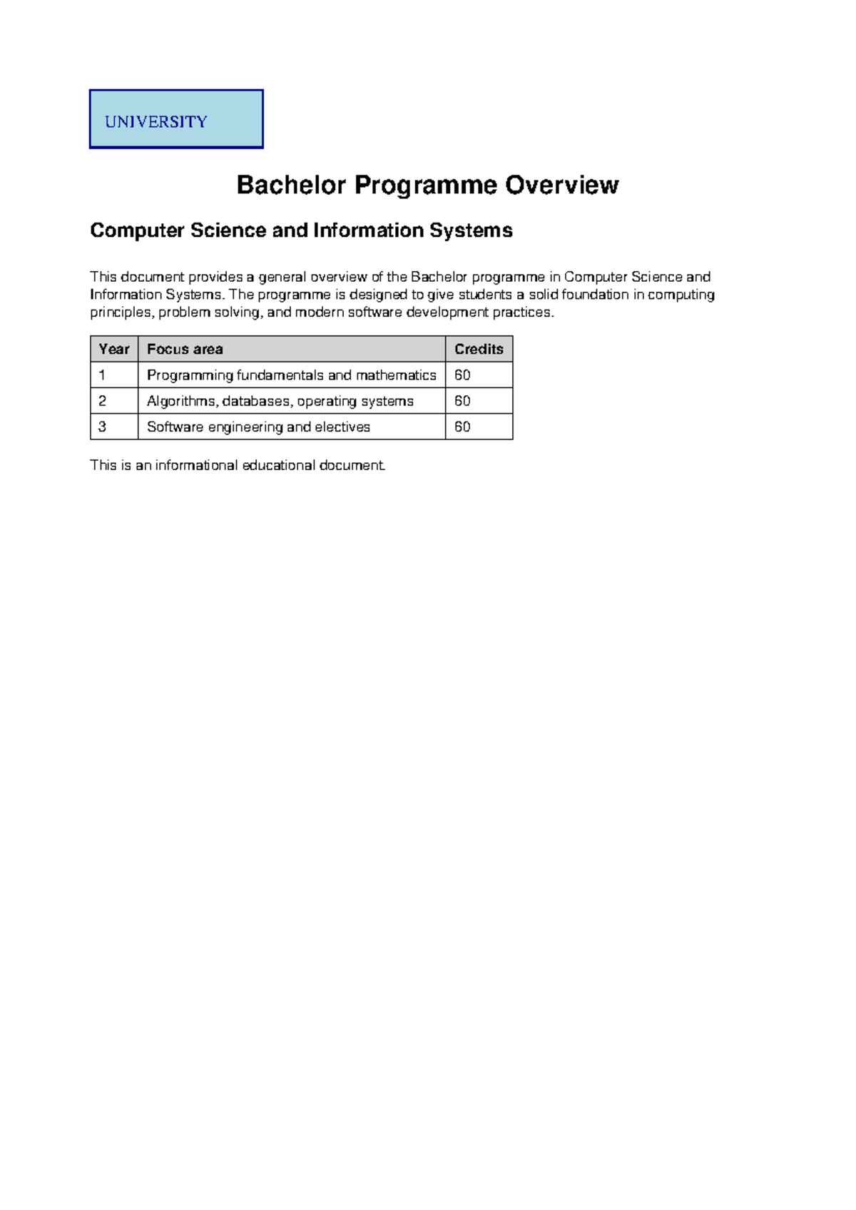 Edu program overview - UNIVERSITY Bachelor Programme Overview Computer ...