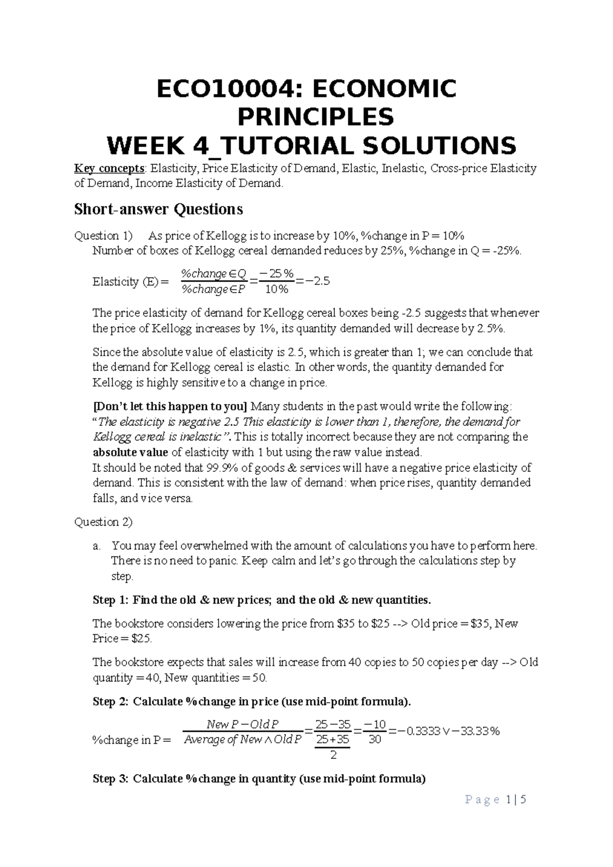 Week 4 Tutorial Solutions-1 - ECO10004: ECONOMIC PRINCIPLES WEEK 4 ...