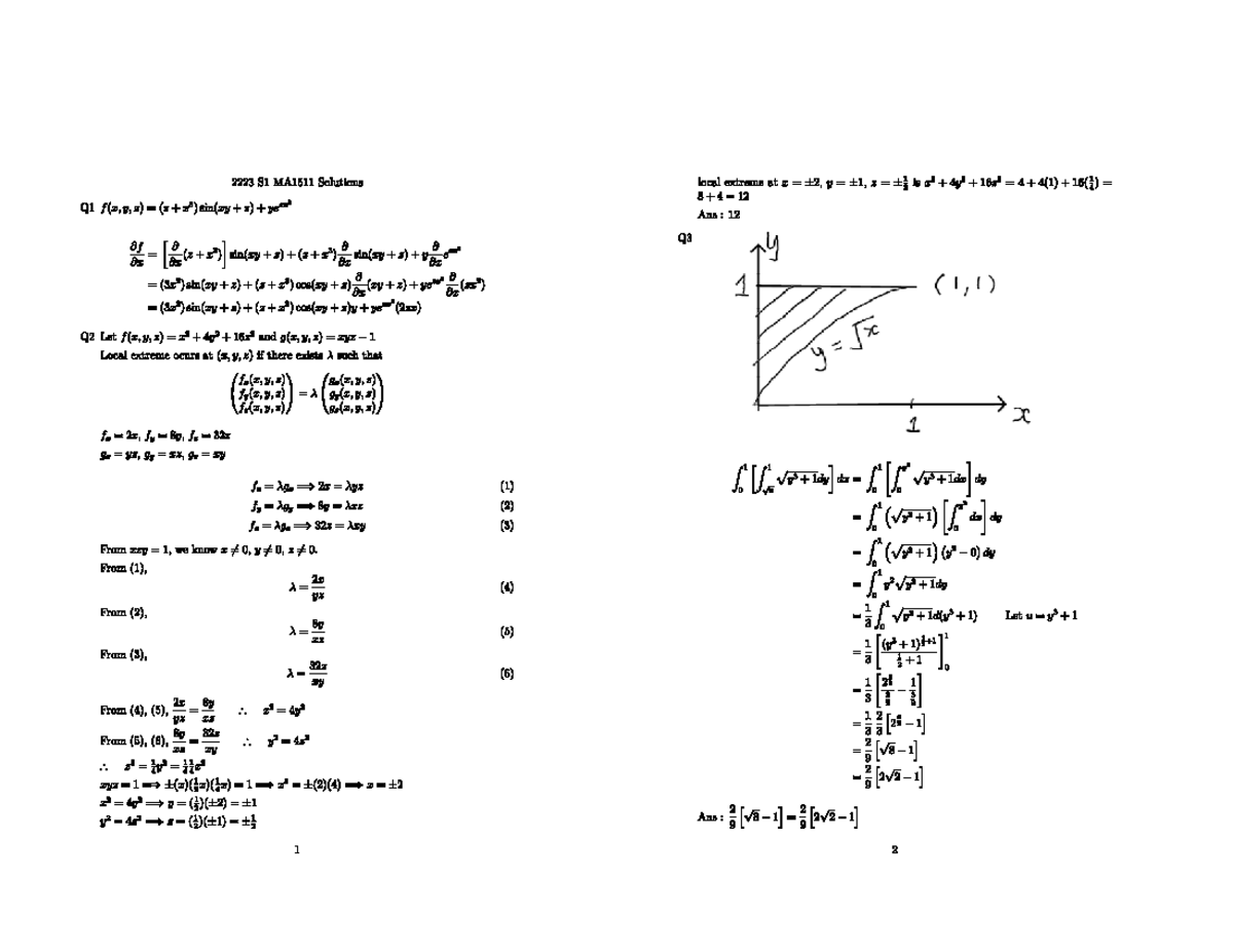 MA1511 S1 Solutions: Local Extrema and Partial Derivatives - Studocu