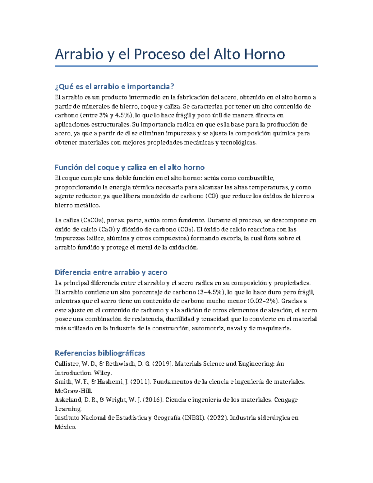 Arrabio y Proceso del Alto Horno: Importancia y Funciones - Studocu