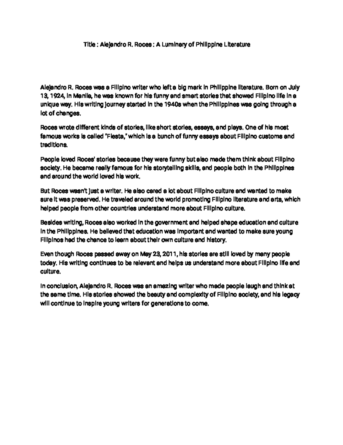 Essay on Alejandro R. Roces: A Luminary in Philippine Lit HUM-1 - Studocu