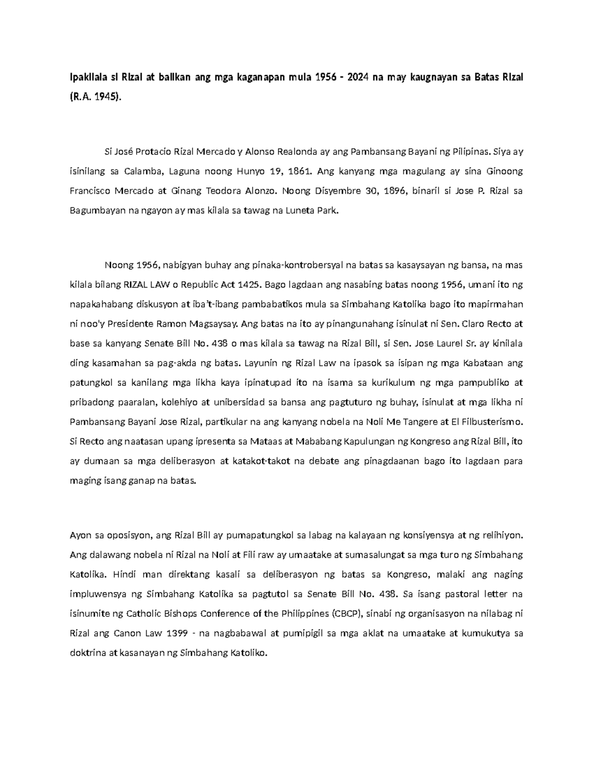 Batas Rizal at ang Kahalagahan nito mula 1956 - 2024 (R.A. 1945) - Studocu