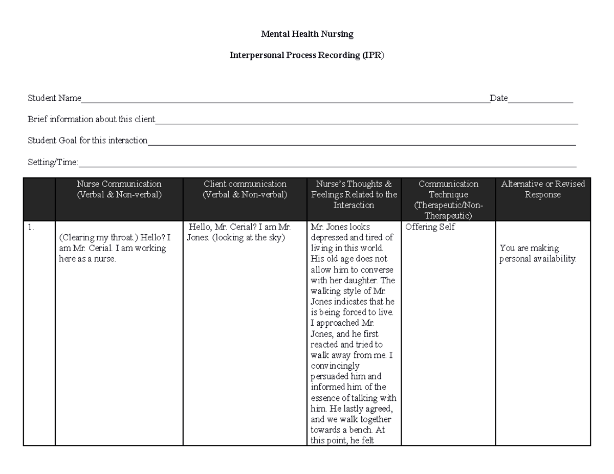 Interpersonal Process Recording - Mental Health Nursing Interpersonal ...