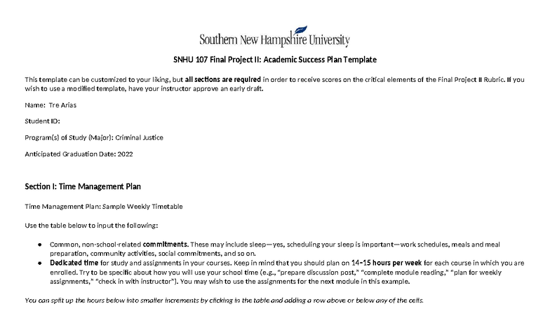 SNHU 107 Final Project II Academic Success Plan Template - If you wish ...