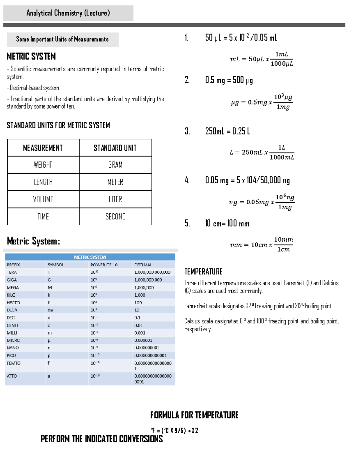 Analytical Chem Lec Some Important Units of Measurements - METRIC ...