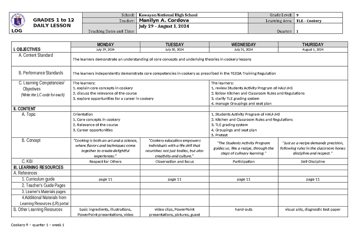 G9-DLL-TLE-Q1-w1 - July 29-Aug 1 - GRADES 1 to 12 DAILY LESSON LOG ...