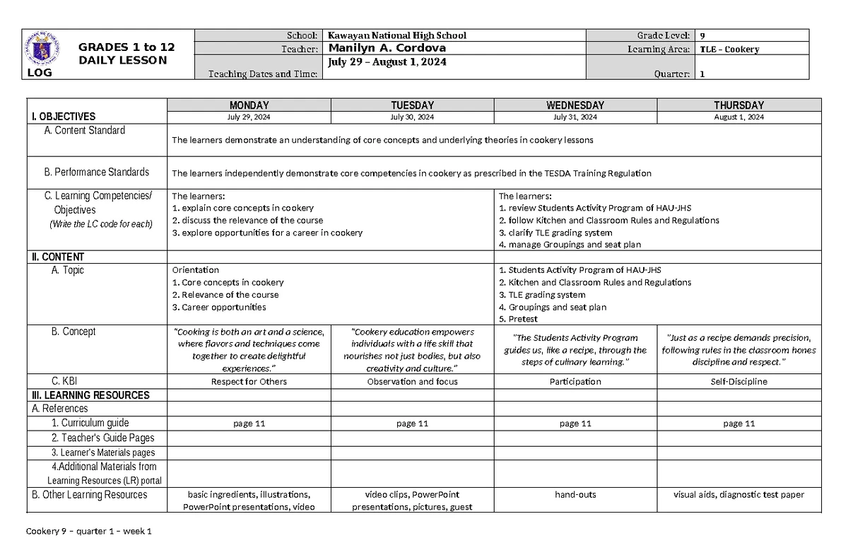 Preparing Appetizers: A Detailed Lesson Plan for TLE – Cookery - Studocu