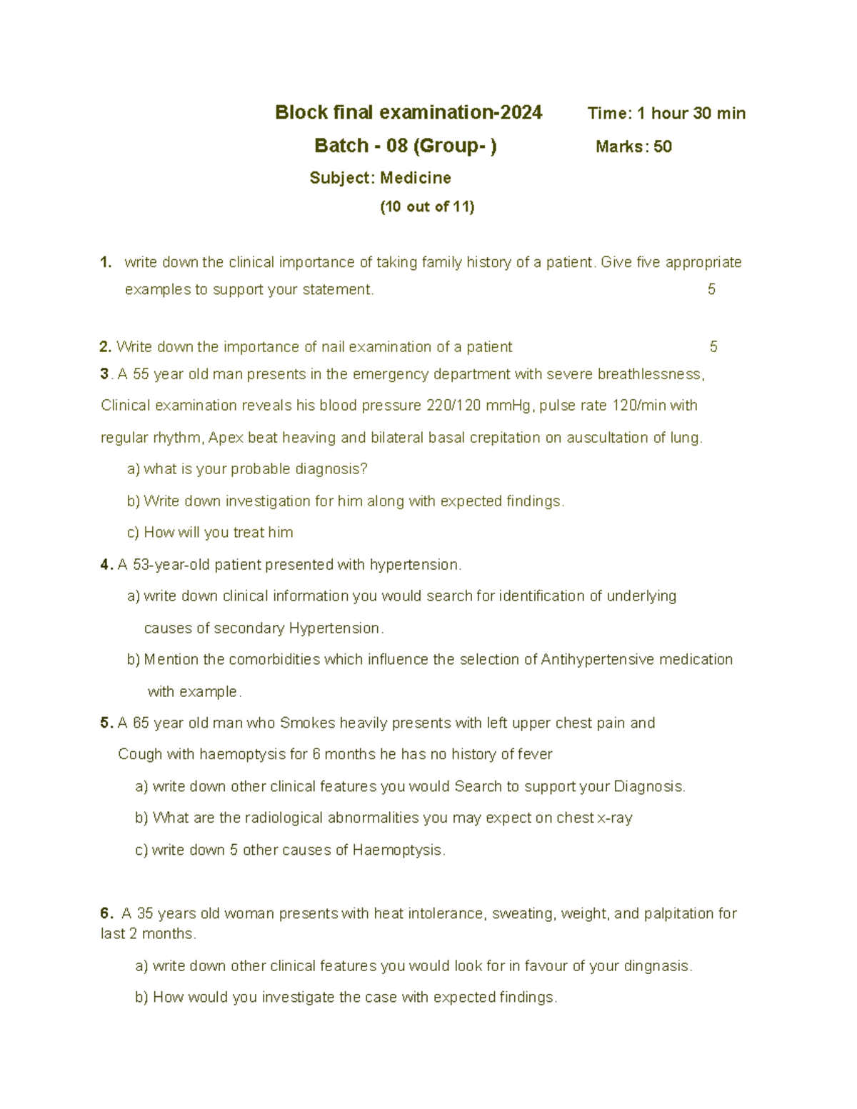 Ward final examination-2024 - Block final examination-2024 Time: 1 hour ...