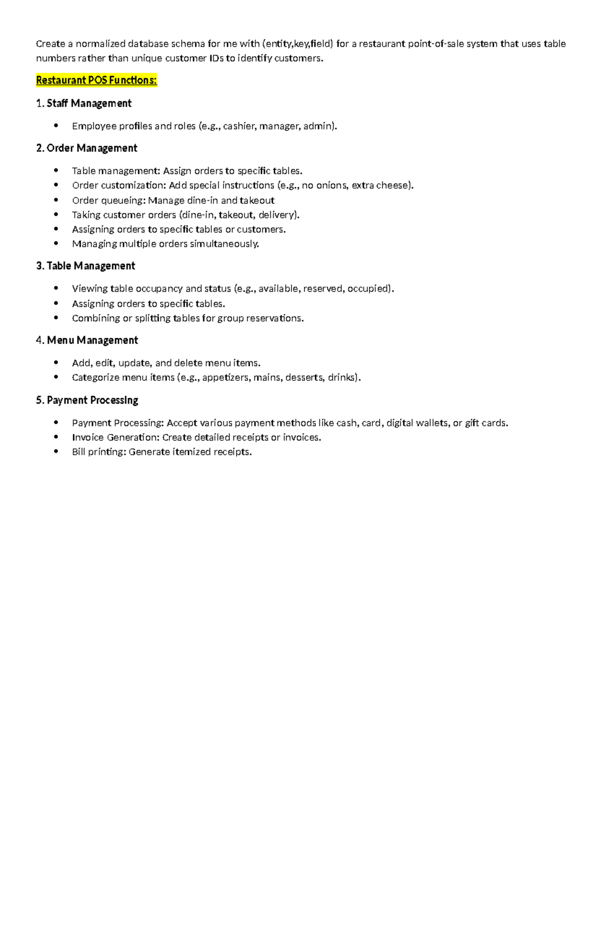 Restaurant POS Functions - Create a normalized database schema for me ...