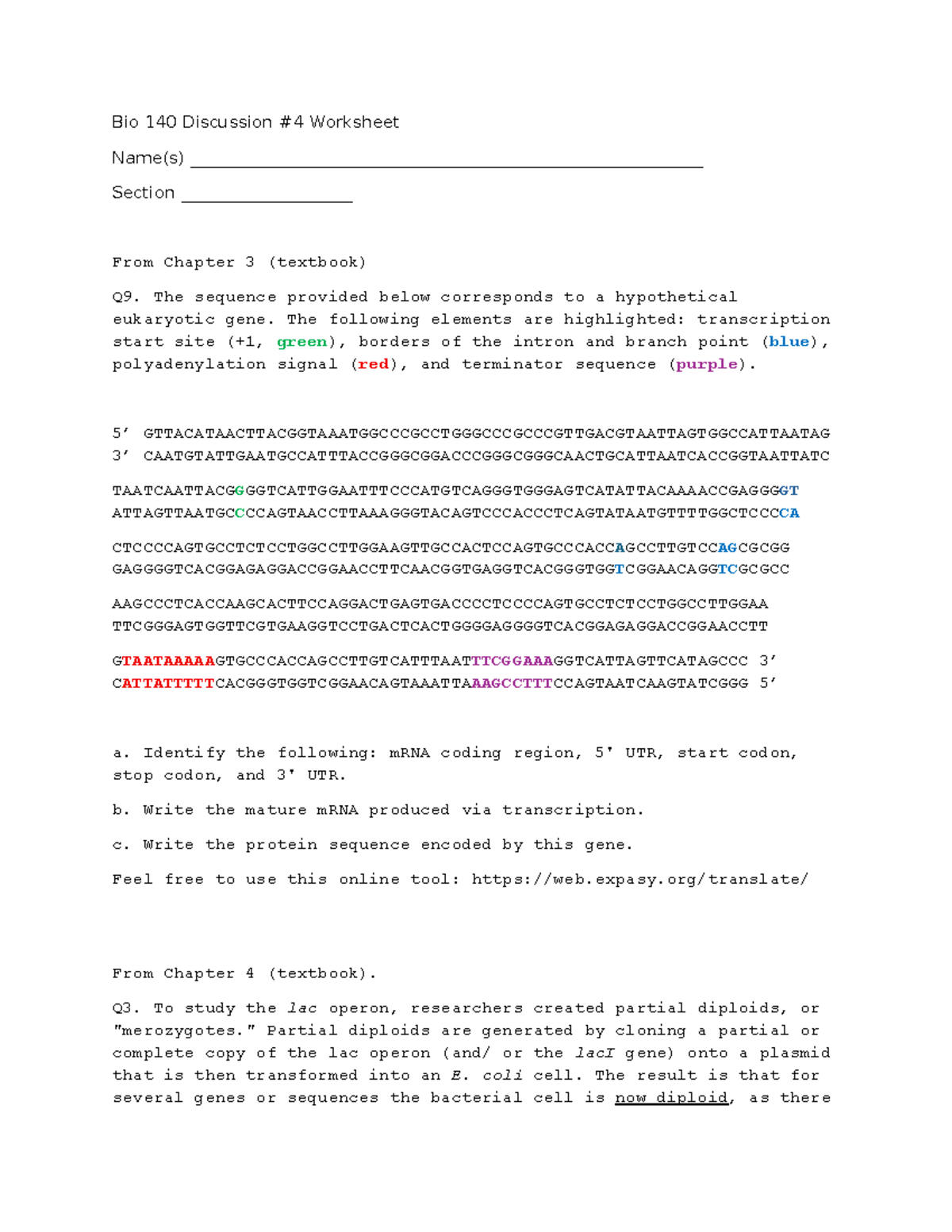 Bio 140 Week 6 - Worksheet on Lac Operon Gene Regulation - Studocu