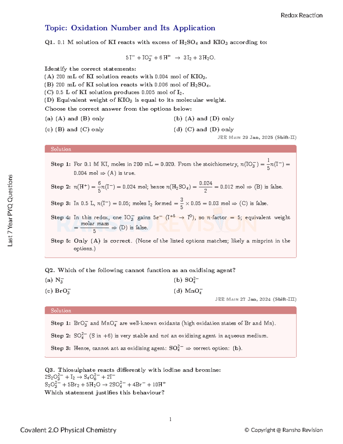 Redox Reaction PYQ - JEE Main 2025 Solutions and Analysis - Studocu