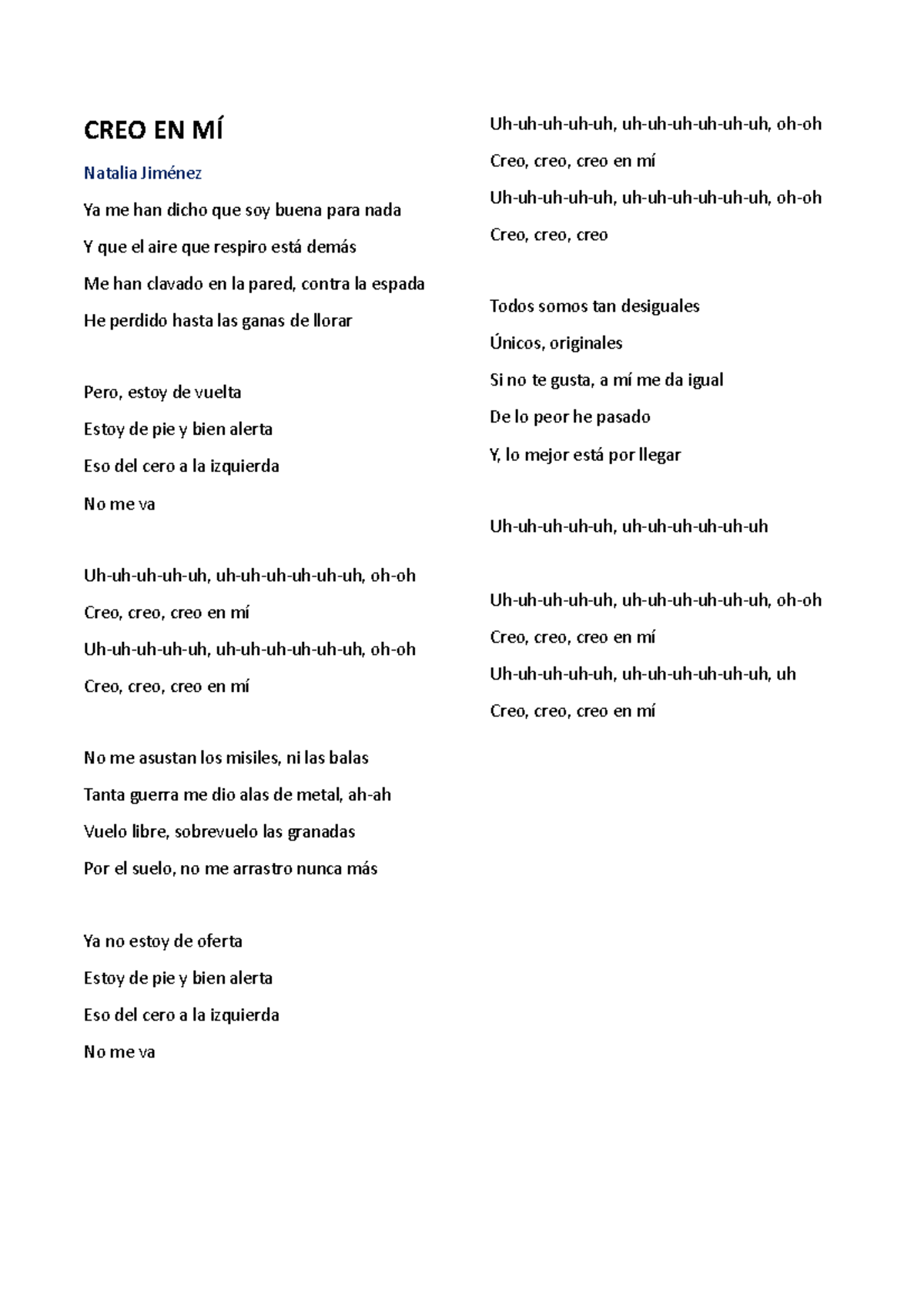Letra de la Canción "CREO EN MÍ" de Natalia Jiménez - Taller de ...