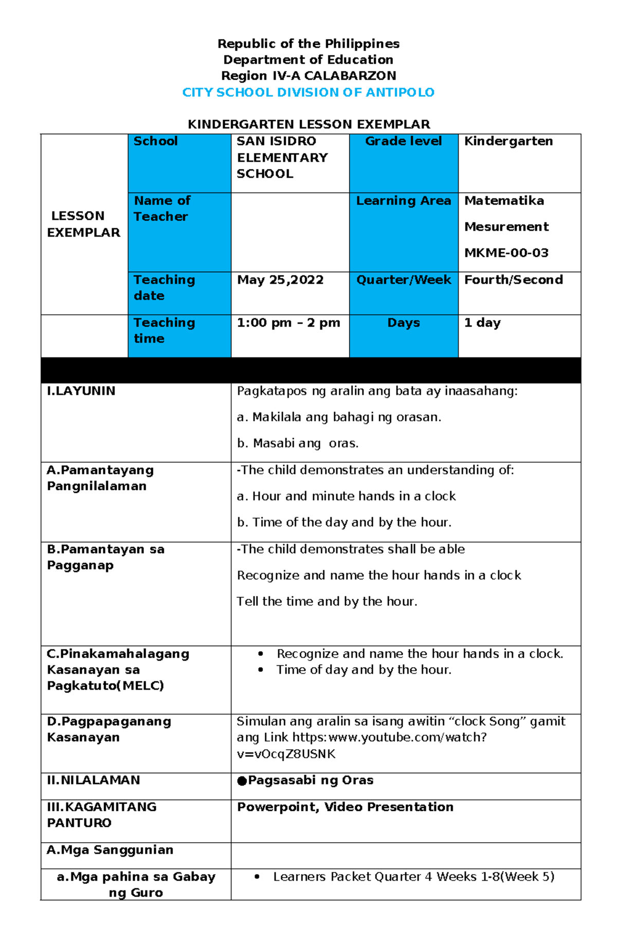 CO-LE- Kindergarten Lesson Plan on Pagsasabi ng Oras in Matematika ...