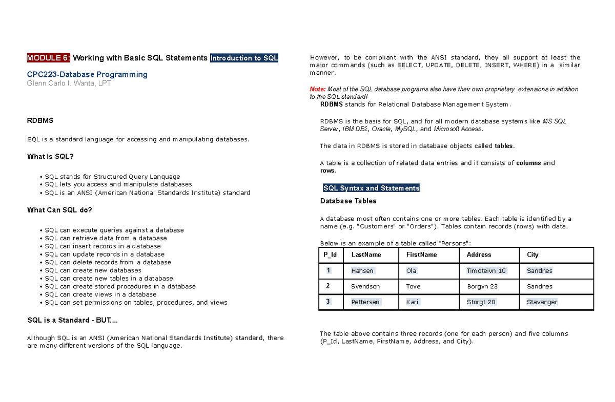 Module 6 CPC 223 - Database Programming - MODULE 6: Working with Basic SQL Statements ...